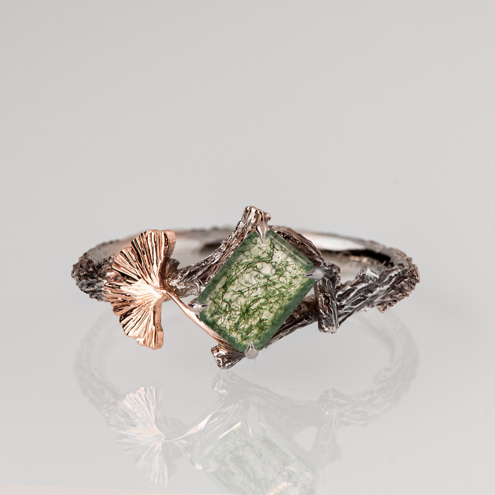 Twig and Ginkgo Leaf Moss Agate Engagement Ring, Two Tone Gold - Etsy