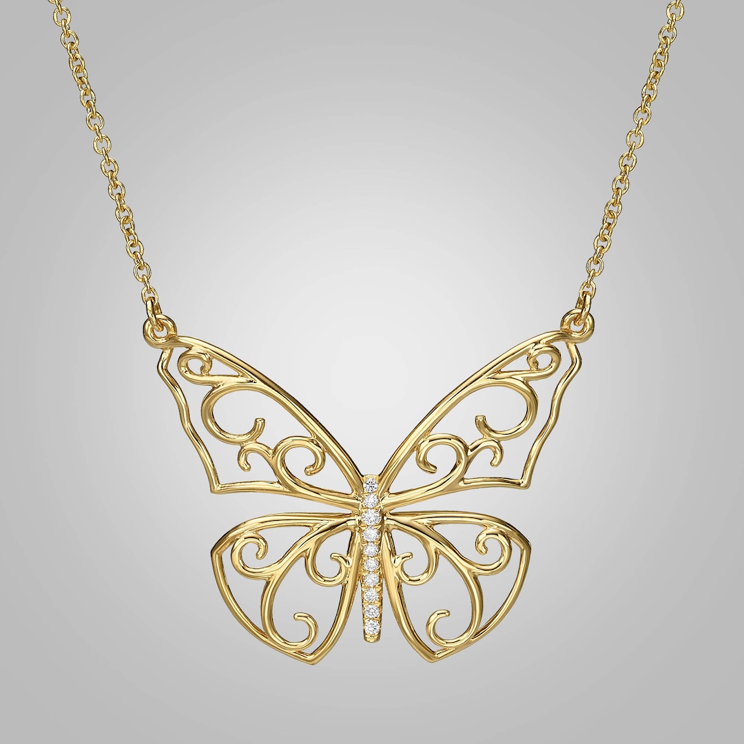 18k Gold Butterfly Pendant Necklace, Diamond Accent, Filigree Design - Etsy