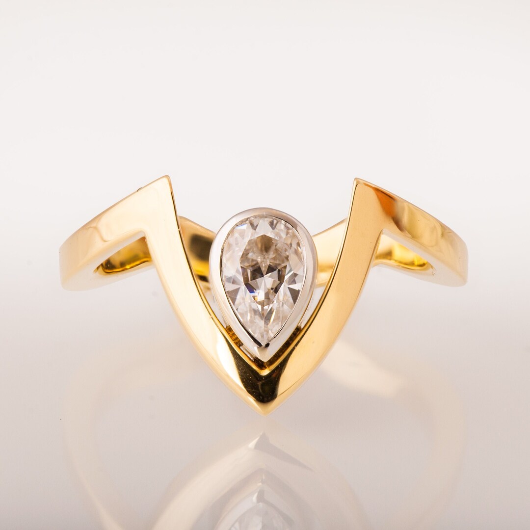 V Ring, Pear Diamond Ring, Chevron Ring, Art Deco Engagement Ring ...