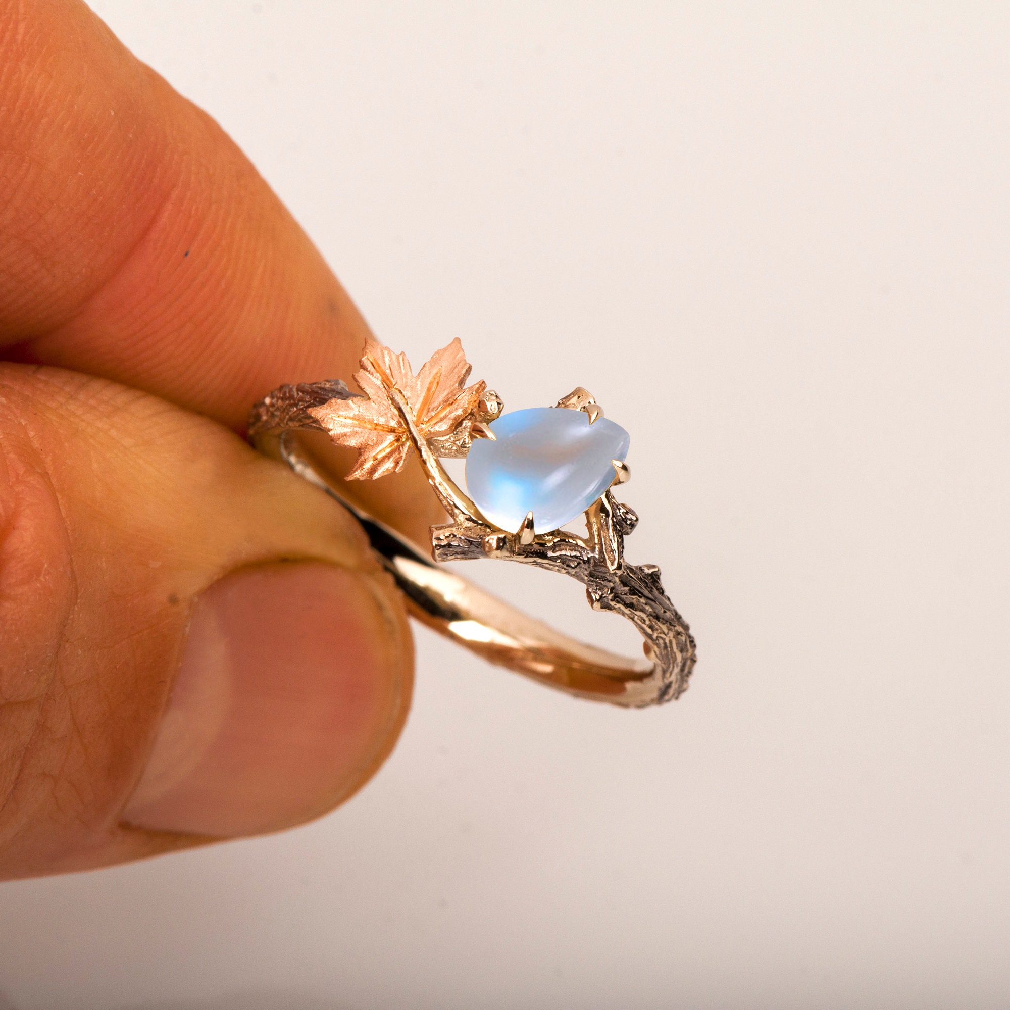 Twig and Leaf Engagement Ring, Moonstone Engagement Ring, Maple Leaf Moonstone Ring, Moonstone ...