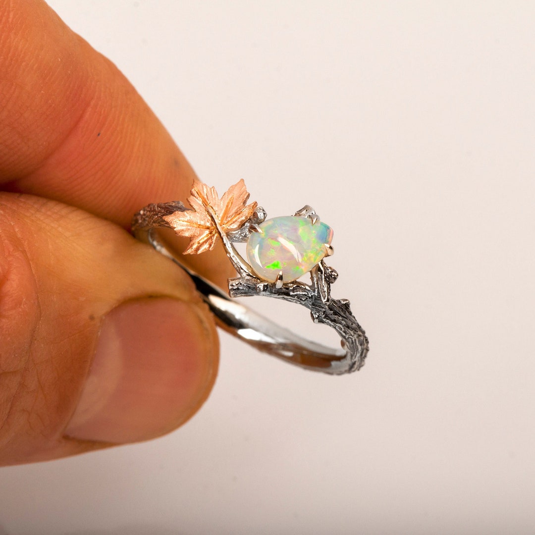 Twig and Leaf Platinum Engagement Ring, Opal Engagement Ring, Maple Leaf Opal Ring, Opal Twig ...