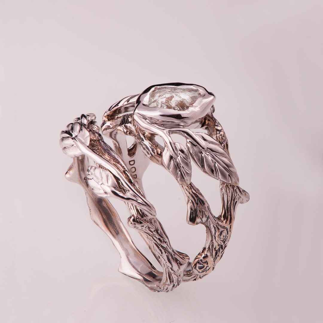 Raw Diamond Bridal Set, Rough Diamond Wedding Set, Twig and Leaf Bridal ...