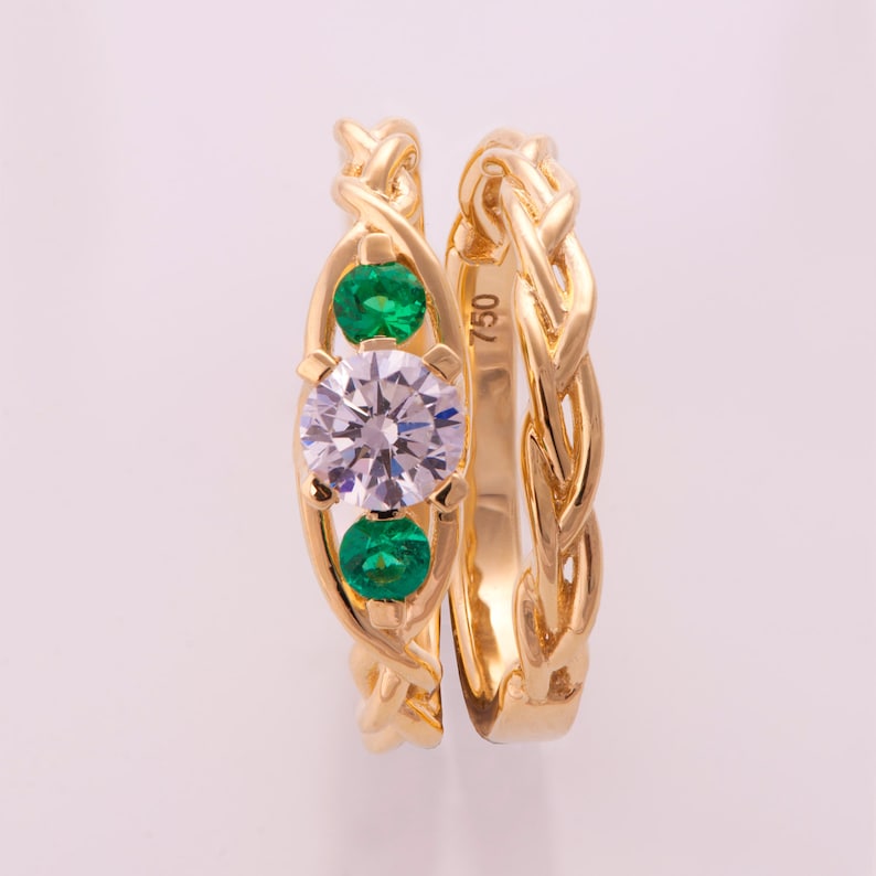 Braided Bridal Set Diamonds and Emeralds Engagement Ring - Etsy