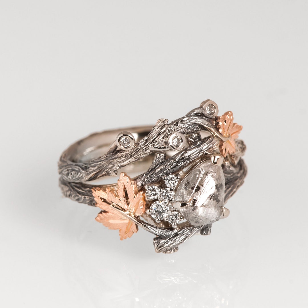 Raw Diamond Cluster Bridal Set: 14k Twig & Leaf Engagement Ring - Etsy