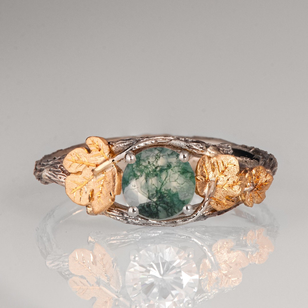 Twig and Fig Leaves Moss Agate Engagement Ring, Twig Engagement Ring ...