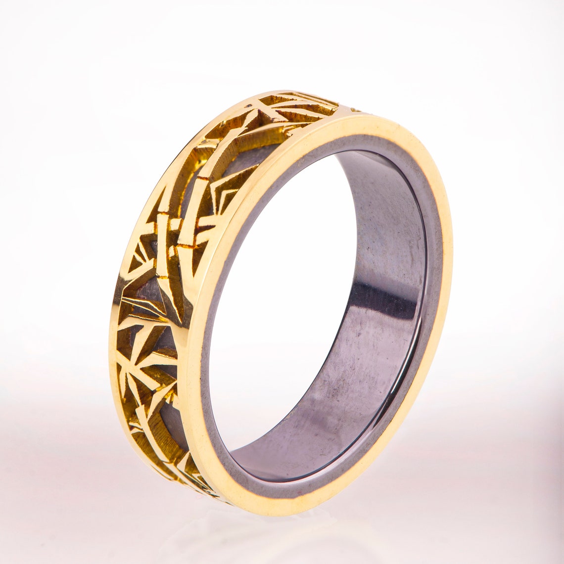 Black and Gold Band Black and Gold Ring Leaf Wedding Band - Etsy