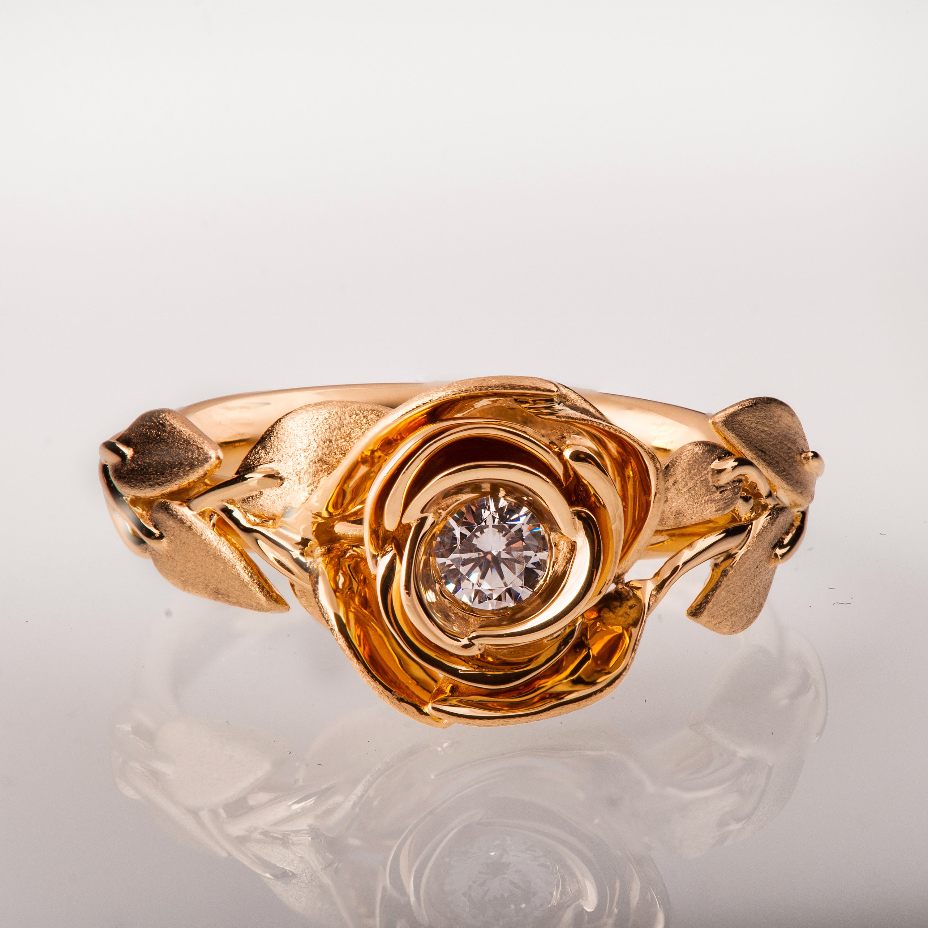 Rose Gold Diamond Engagement Ring, Handmade Floral Leaf Ring - Etsy
