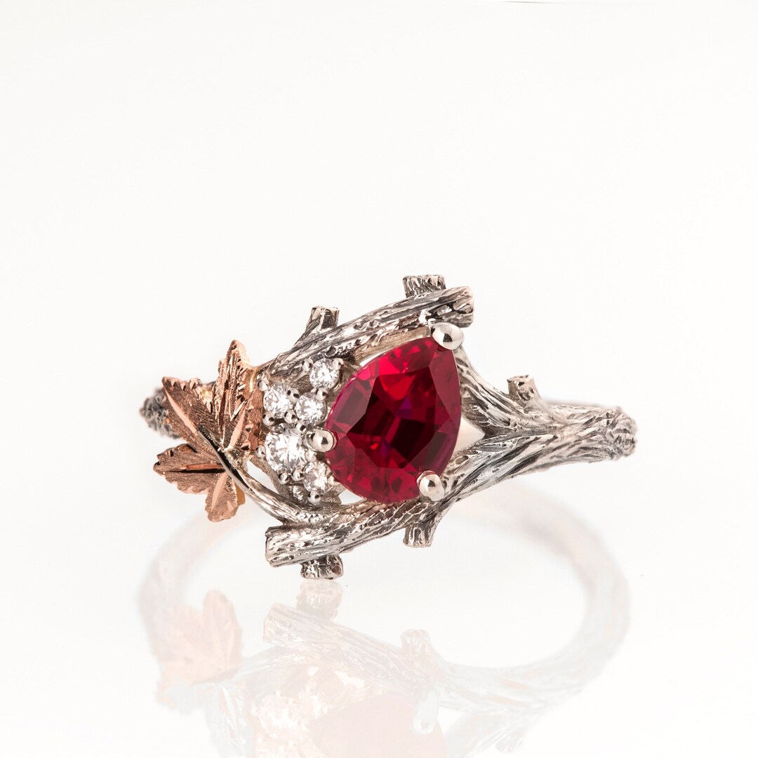 Twig and Leaf Engagement Ring, Pear Ruby and Diamonds Cluster ...
