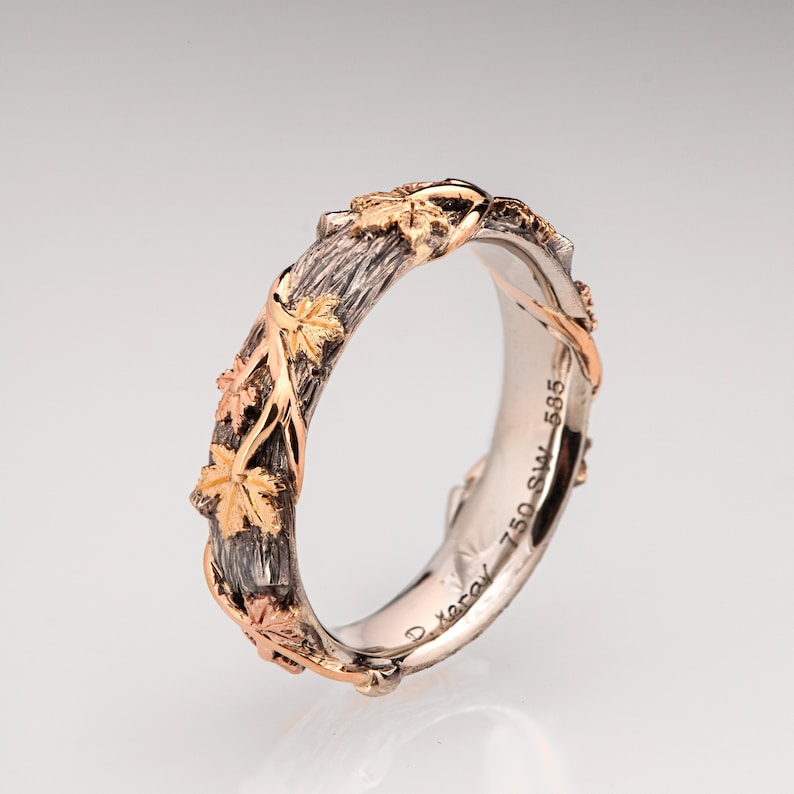 Twig and Maple Leaf Wedding Ring 14 Rose Gold Bark Wedding - Etsy