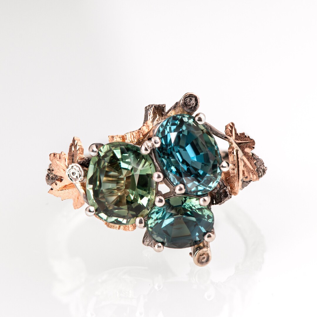 Multi-stone Maple Leaf Statement Ring With Teal Green Sapphires Cluster ...