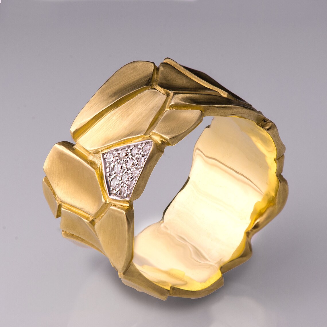 Parched Earth Wedding Band, 14K Gold and Diamond Ring, Wide Textured ...