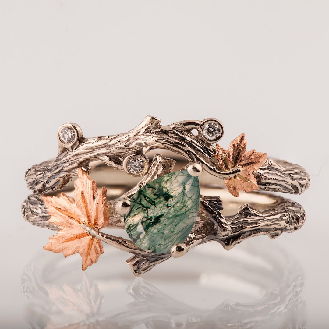 Twig and Leaf Bridal Set, Moss Agate Engagement Ring, Maple Leaf Ring, Moss Agate Twig Ring - Etsy