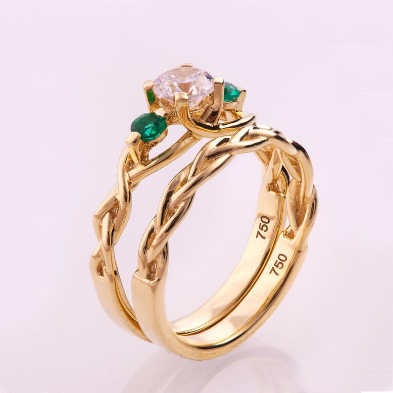 Braided Bridal Set Diamonds and Emeralds Engagement Ring - Etsy