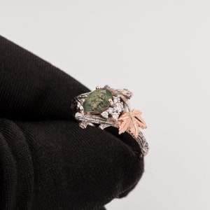 Twig and Leaf Engagement Ring, Pear Moss Agate and Diamonds Cluster Engagement Ring, Maple Leaf ...
