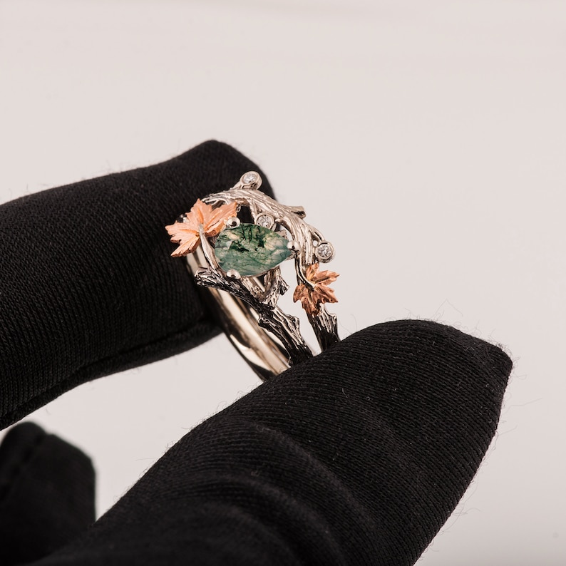 Twig and Leaf Bridal Set Moss Agate Engagement Ring Maple - Etsy