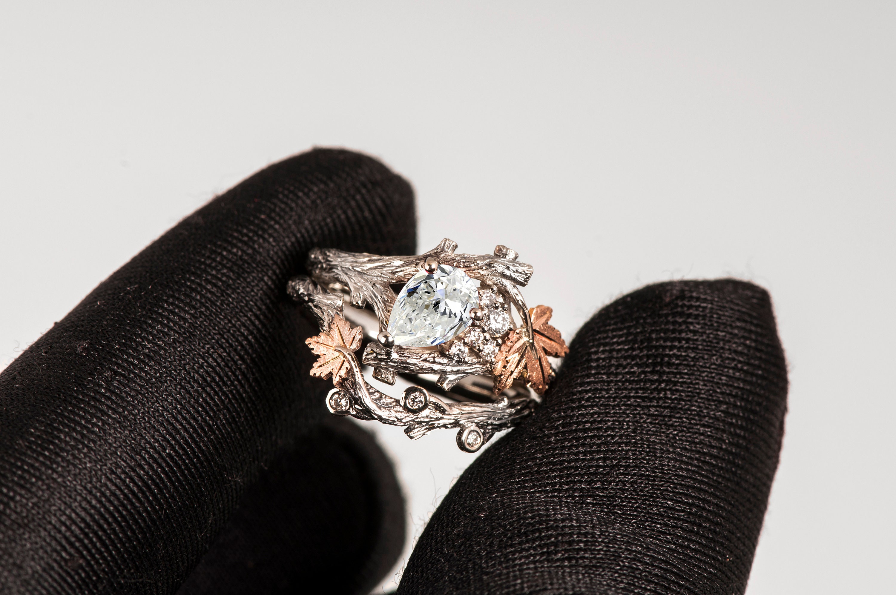 Pear Diamond Maple Leaf Ring Set: 14k Gold Twig Bridal Jewelry - Etsy