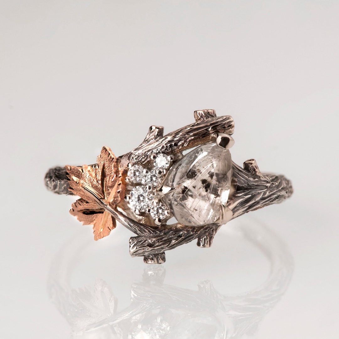 Black and Rose Gold Raw Diamond Cluster Engagement Ring, Twig and Maple ...