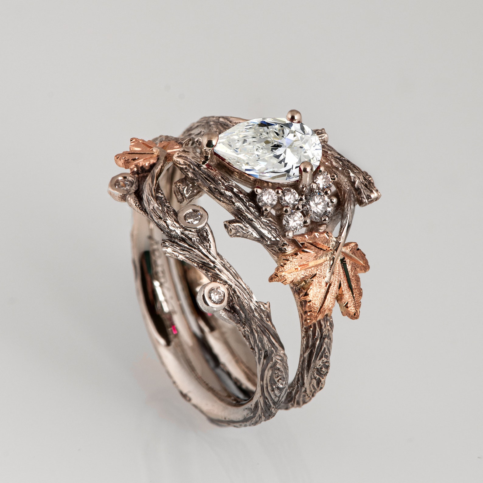 Pear Diamond Maple Leaf Ring Set: 14k Gold Twig Bridal Jewelry - Etsy