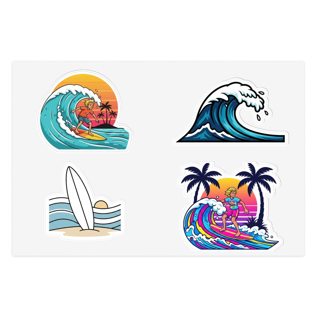 Cartoon Surfer Riding Turquoise Wave Sticker Sheets | Sunset Surf ...