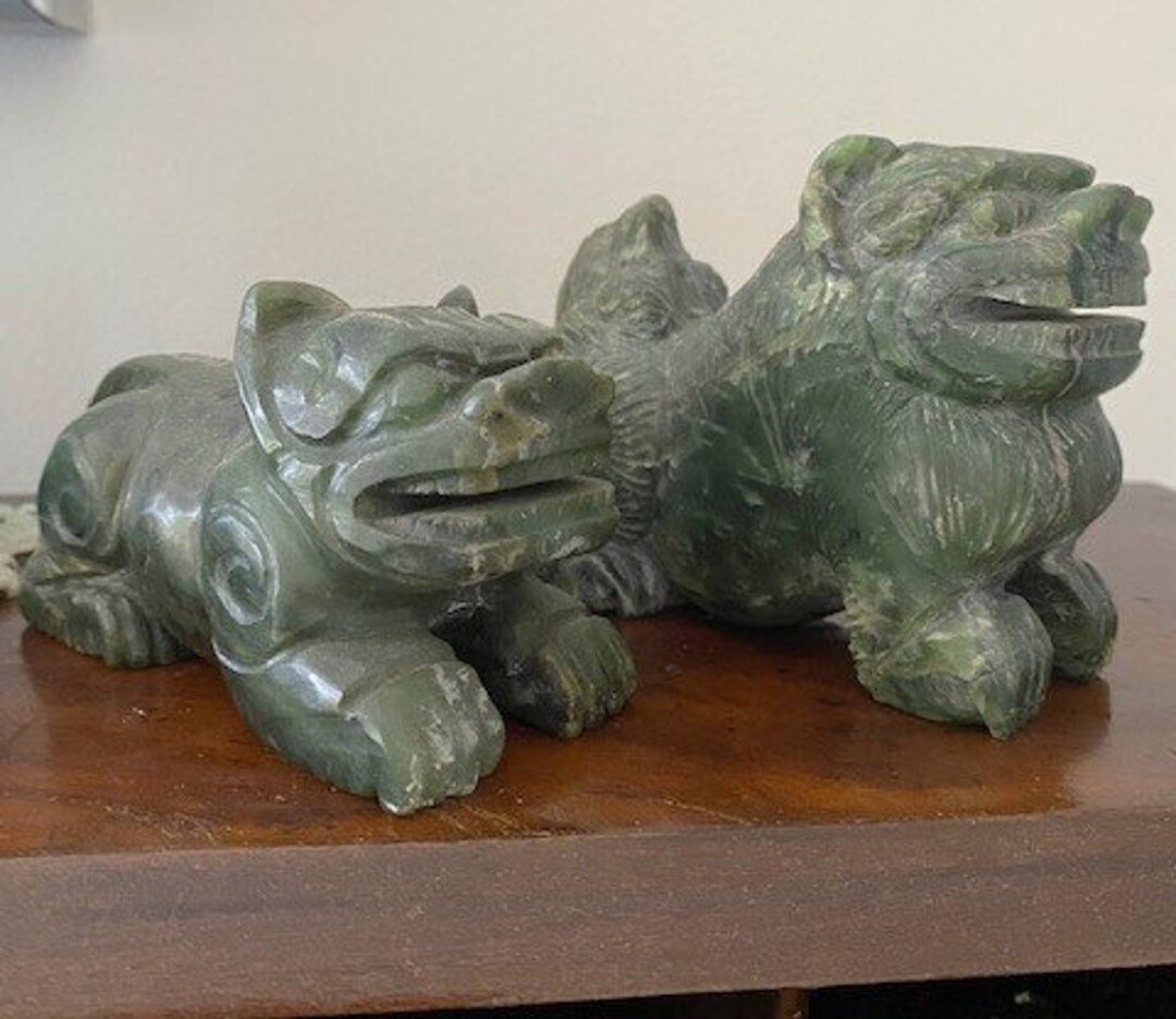 GREEN JADE Antique Foo Temple Dogs RARE Set - Etsy