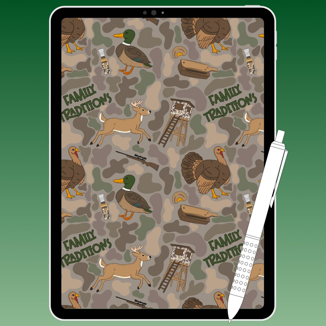 Hunting Family Traditions Seamless Pattern: Camo Deer Duck Turkey PNG ...