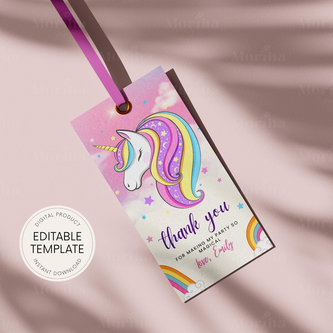 Unicorn Birthday Party Favor Tags Printable Gift Label Magical Rainbow ...