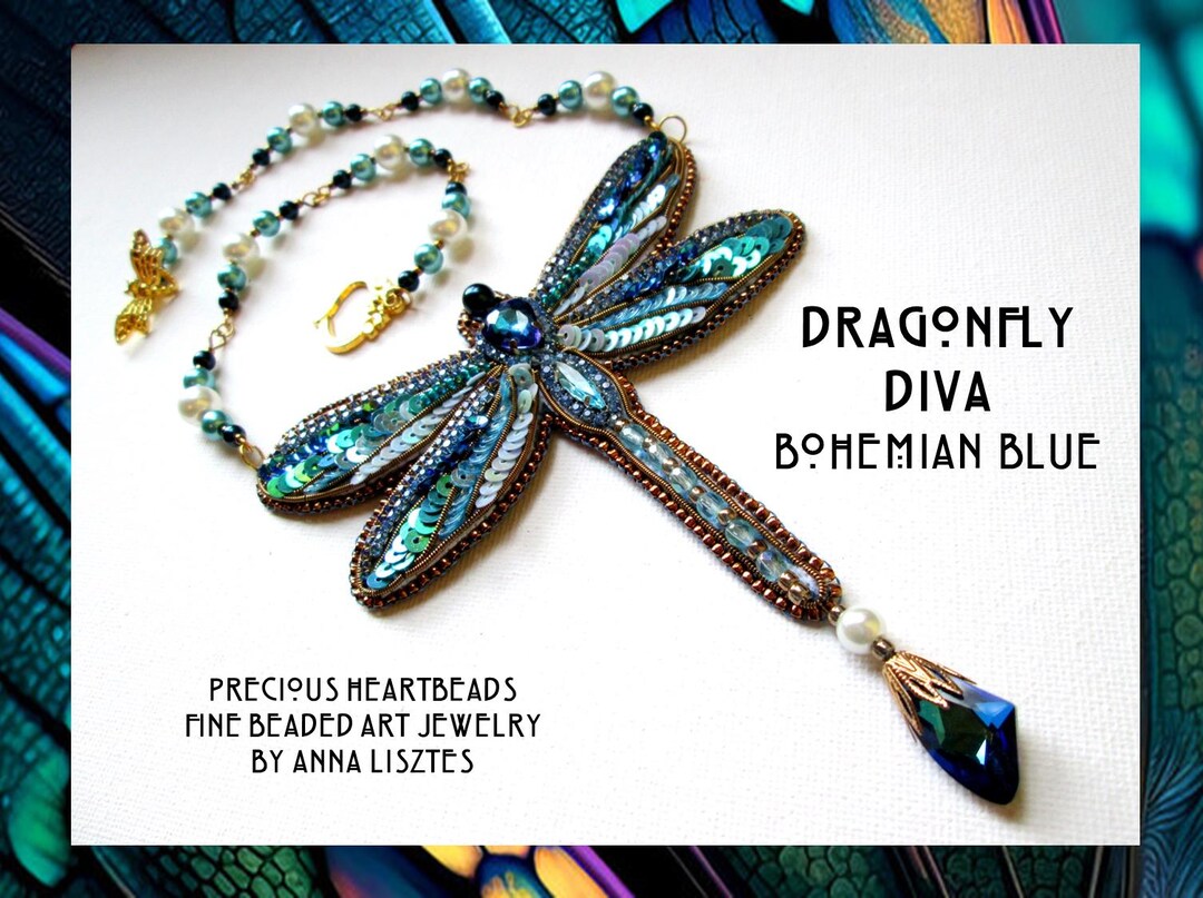 Dragonfly Diva - Bohemian Blue - Art Nouveau Bead Embroidery Necklace Kit- Golden Bronze Blue - Etsy