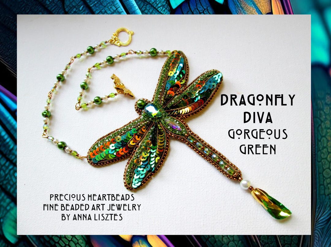 Dragonfly Diva - Gorgeous Green - Art Nouveau Bead Embroidery Necklace Kit- Golden Bronze Green ...