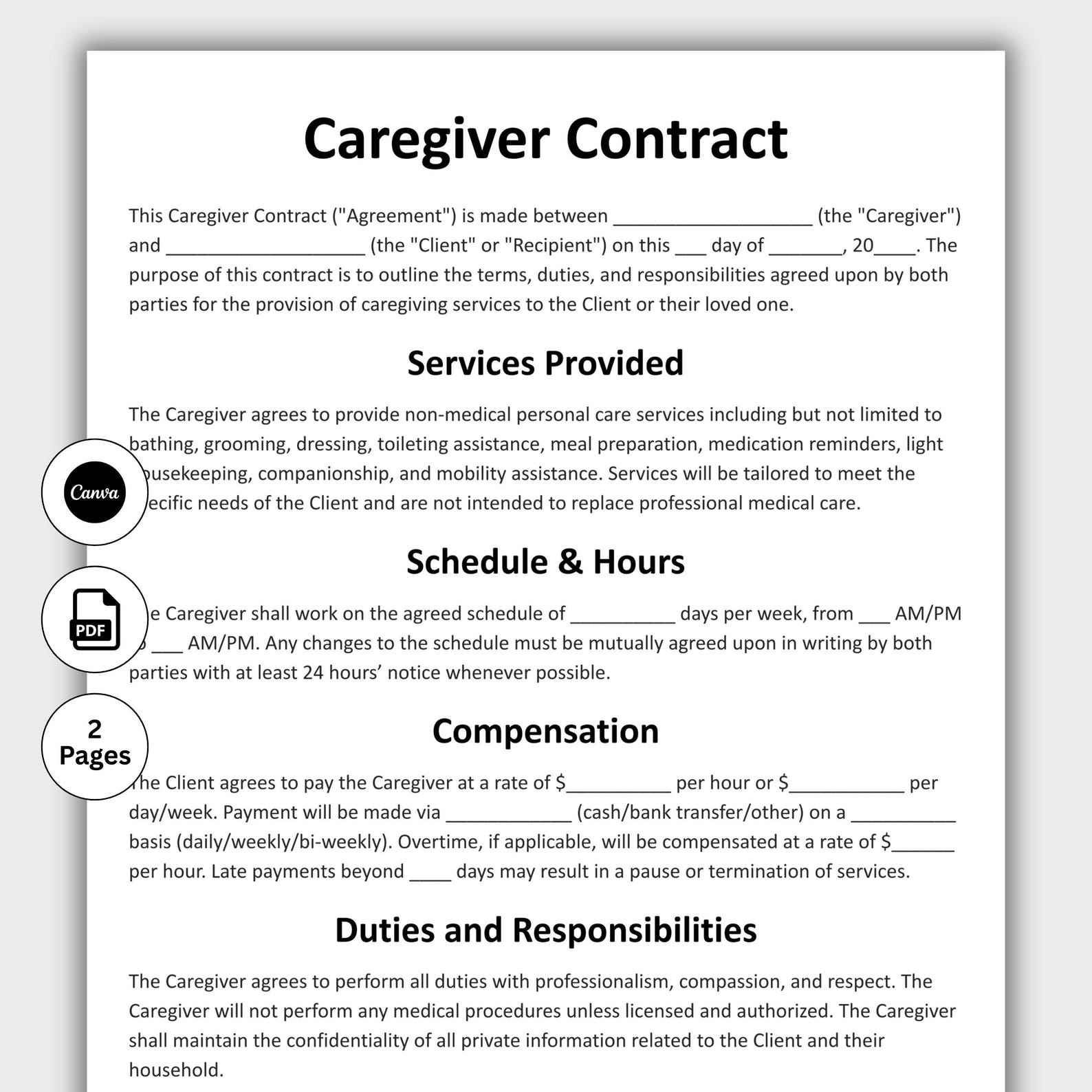 Caregiver Contract, Customizable Nanny Contract Form Template ...