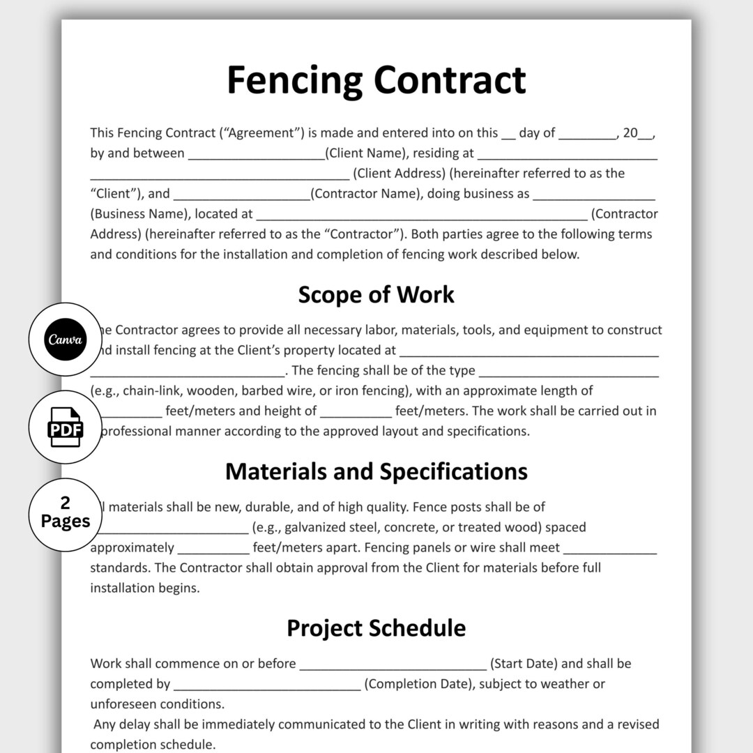 Fencing Contract, Customizable Fence Contract Form Template, Printable ...