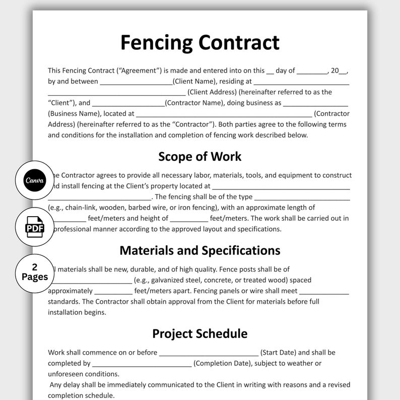 Fencing Contract, Customizable Fence Contract Form Template, Printable ...