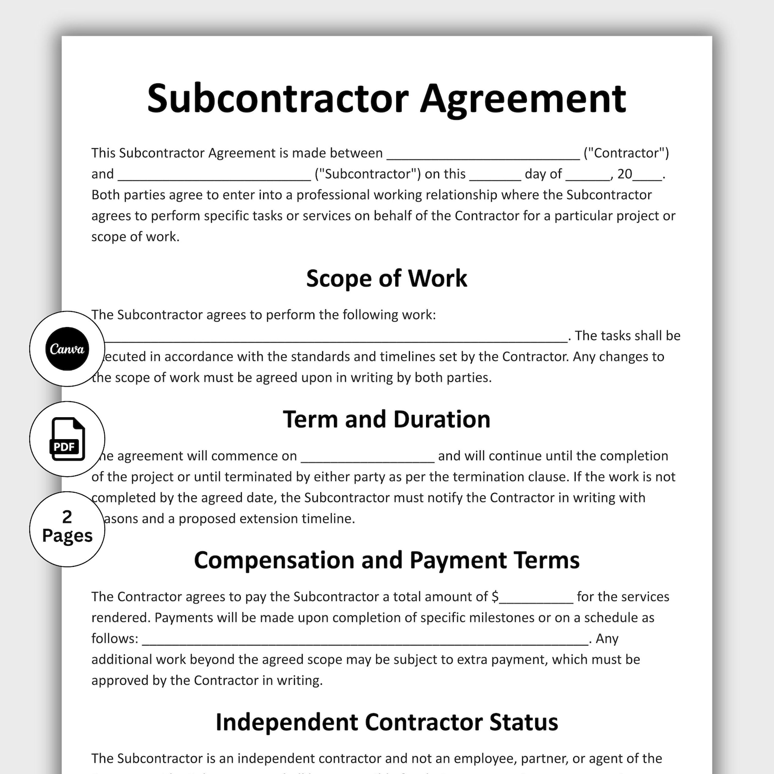 Subcontractor Agreement, Customizable Independent Contract Form, Job ...