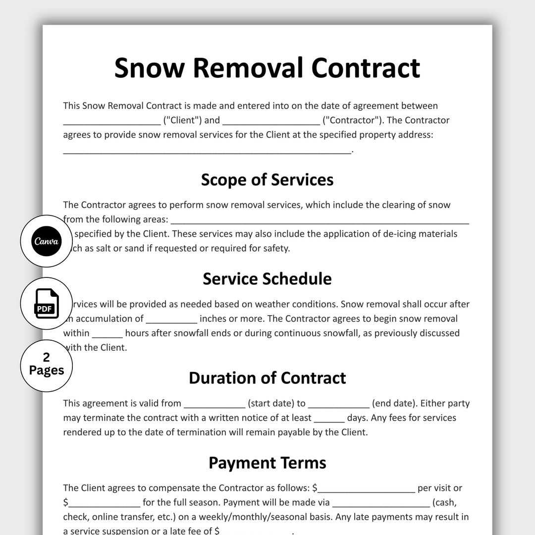 Snow Removal Contract, Customizable Residential Snow Plowing Contract ...