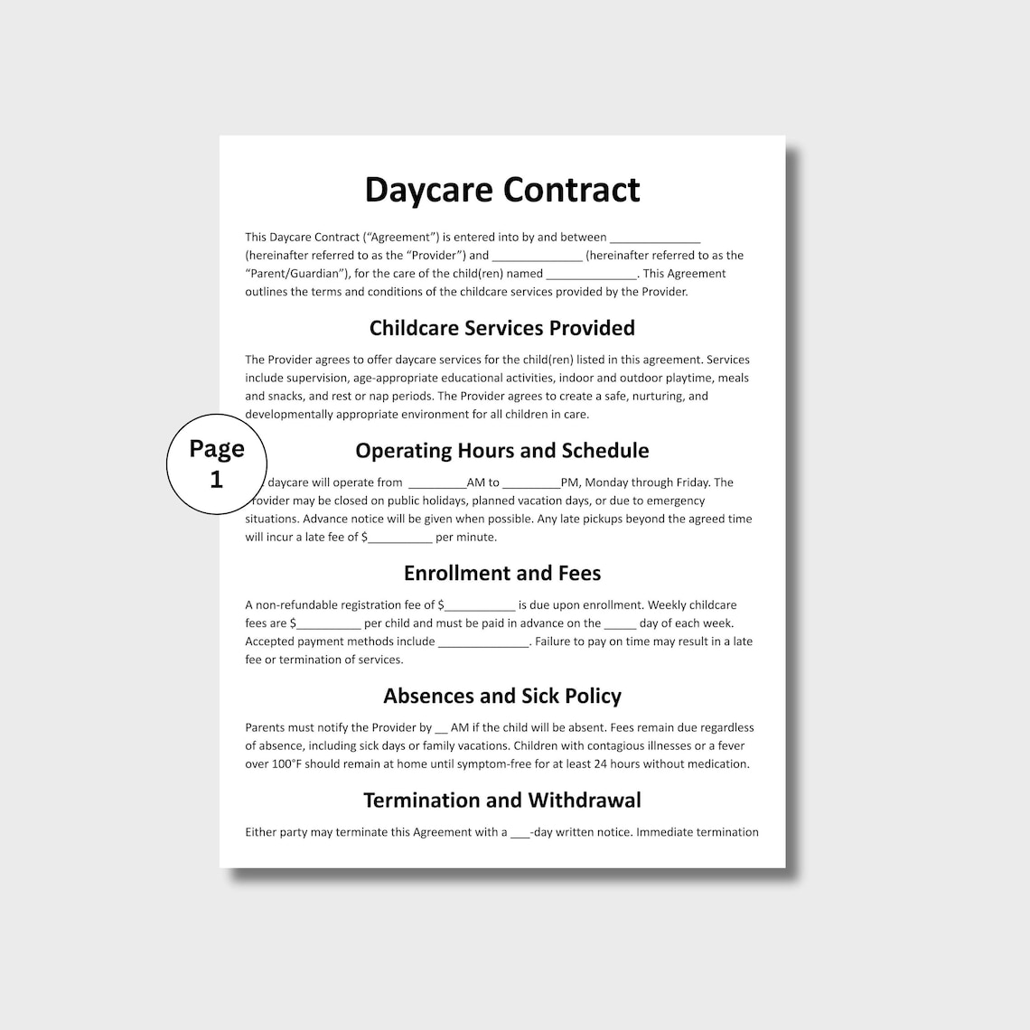 Daycare Contract, Customizable Daycare Form Template, Printable Daycare ...