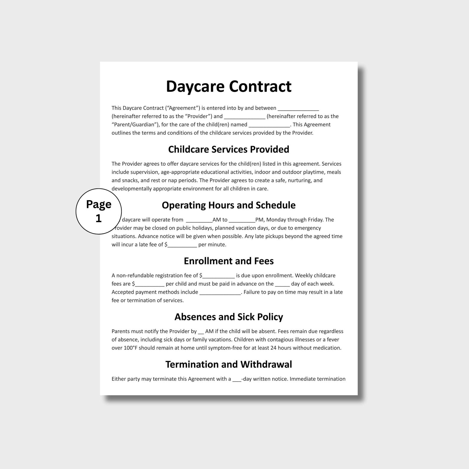 Daycare Contract, Customizable Daycare Form Template, Printable Daycare ...