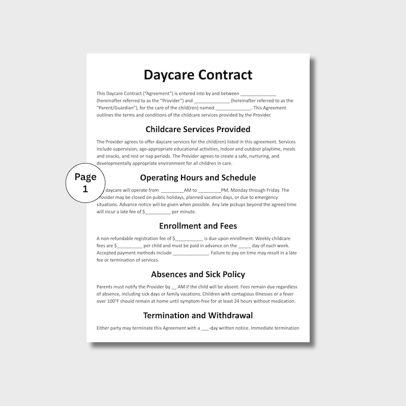 Daycare Contract, Customizable Daycare Form Template, Printable Daycare ...