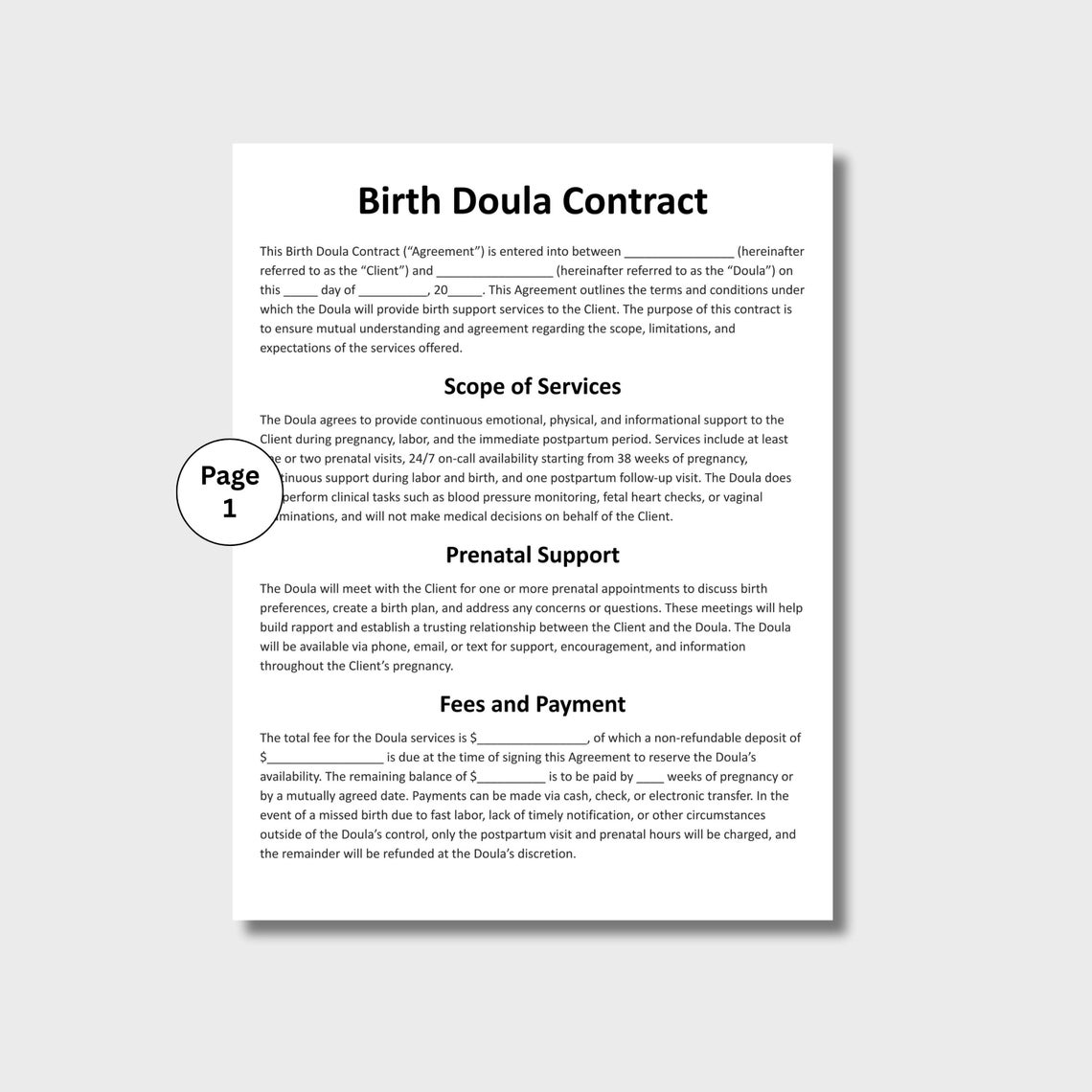 Birth Doula Contract, Customizable Labor Support Contract Form Template ...