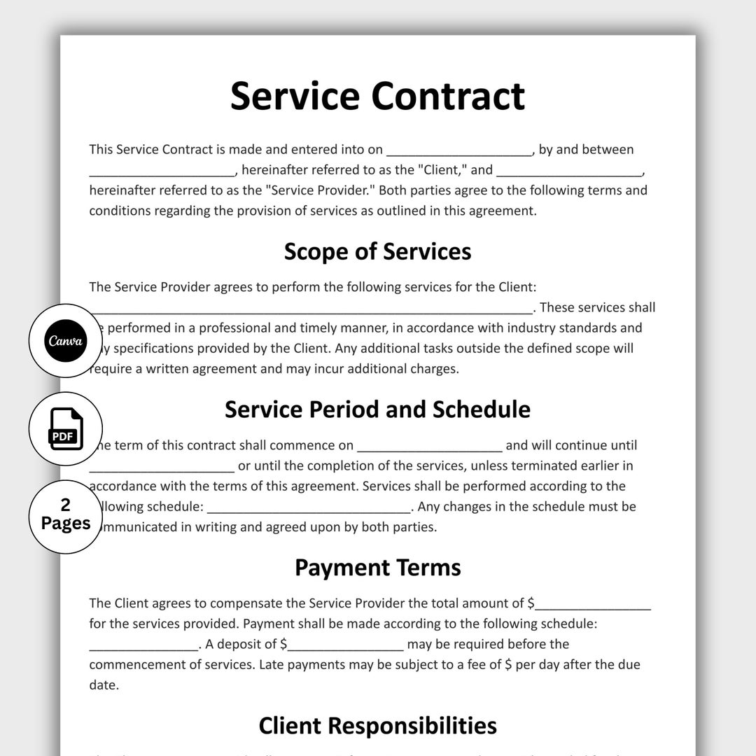 Service Contract, Customizable Business Contract Form, Printable ...