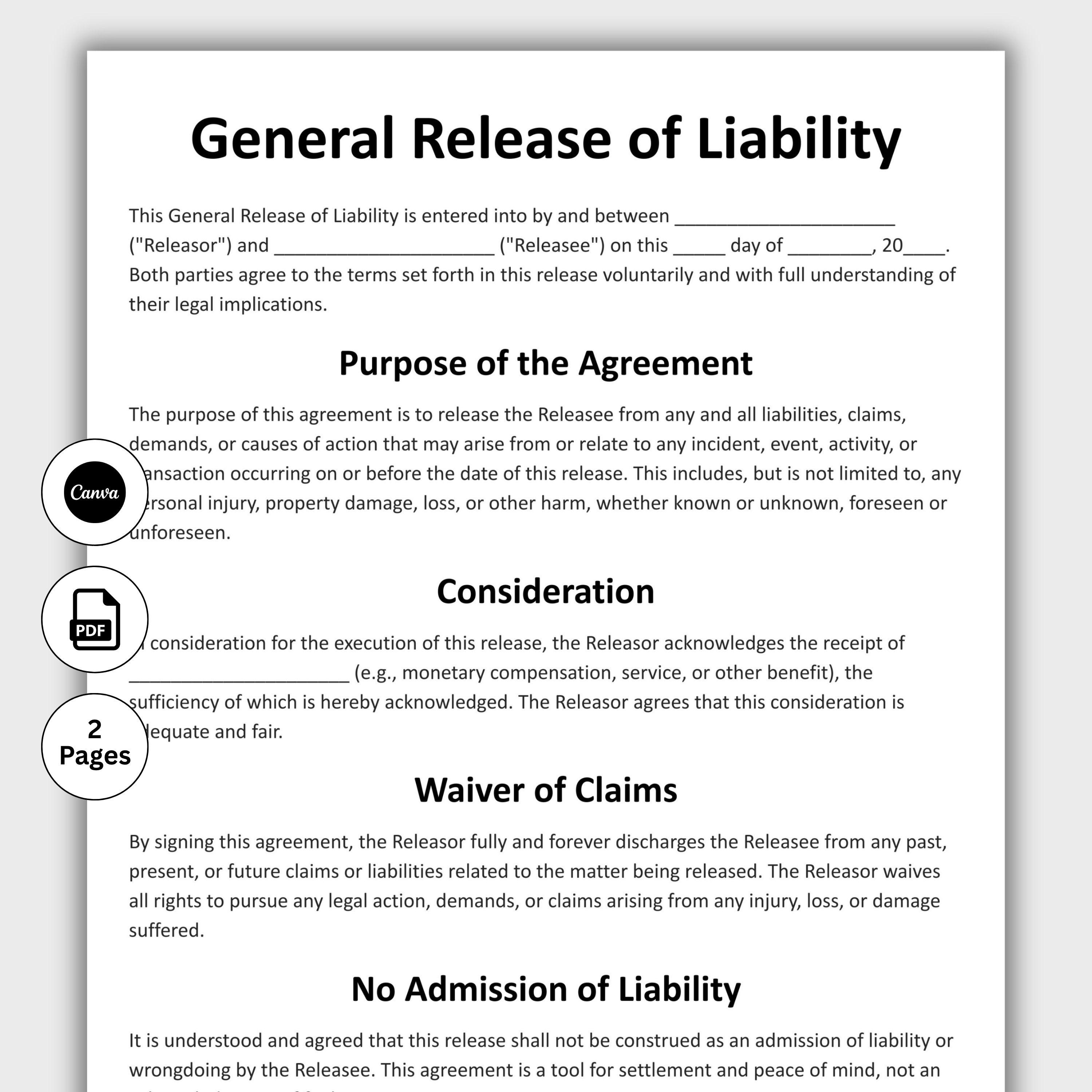 General Release of Liability, Customizable Hold Harmless Form Template ...