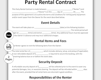 One Page Party Rental Contract, Editable Party Rental Agreement Form ...