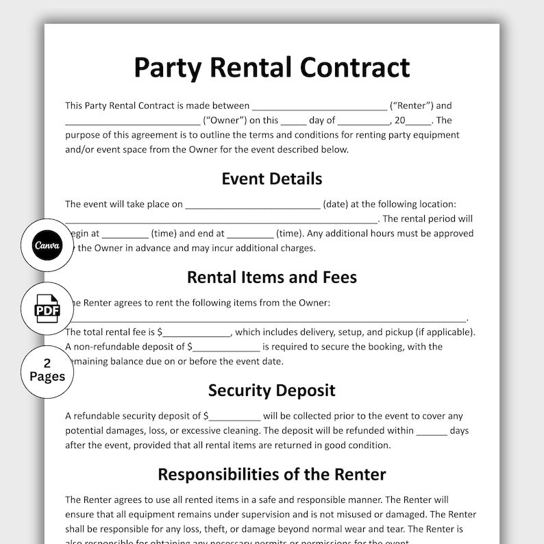 Party Rental Contract, Customizable Party Rental Agreement Form ...