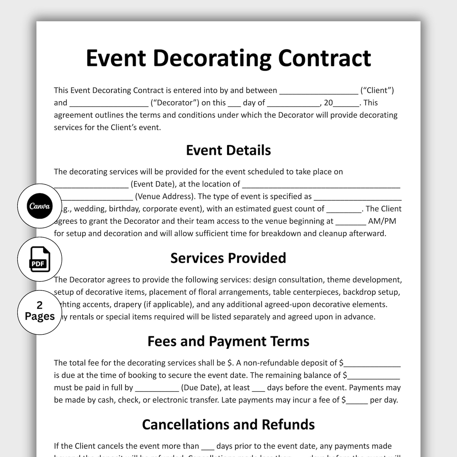 Event Decorating Contract, Customizable Event Planning Service Form ...