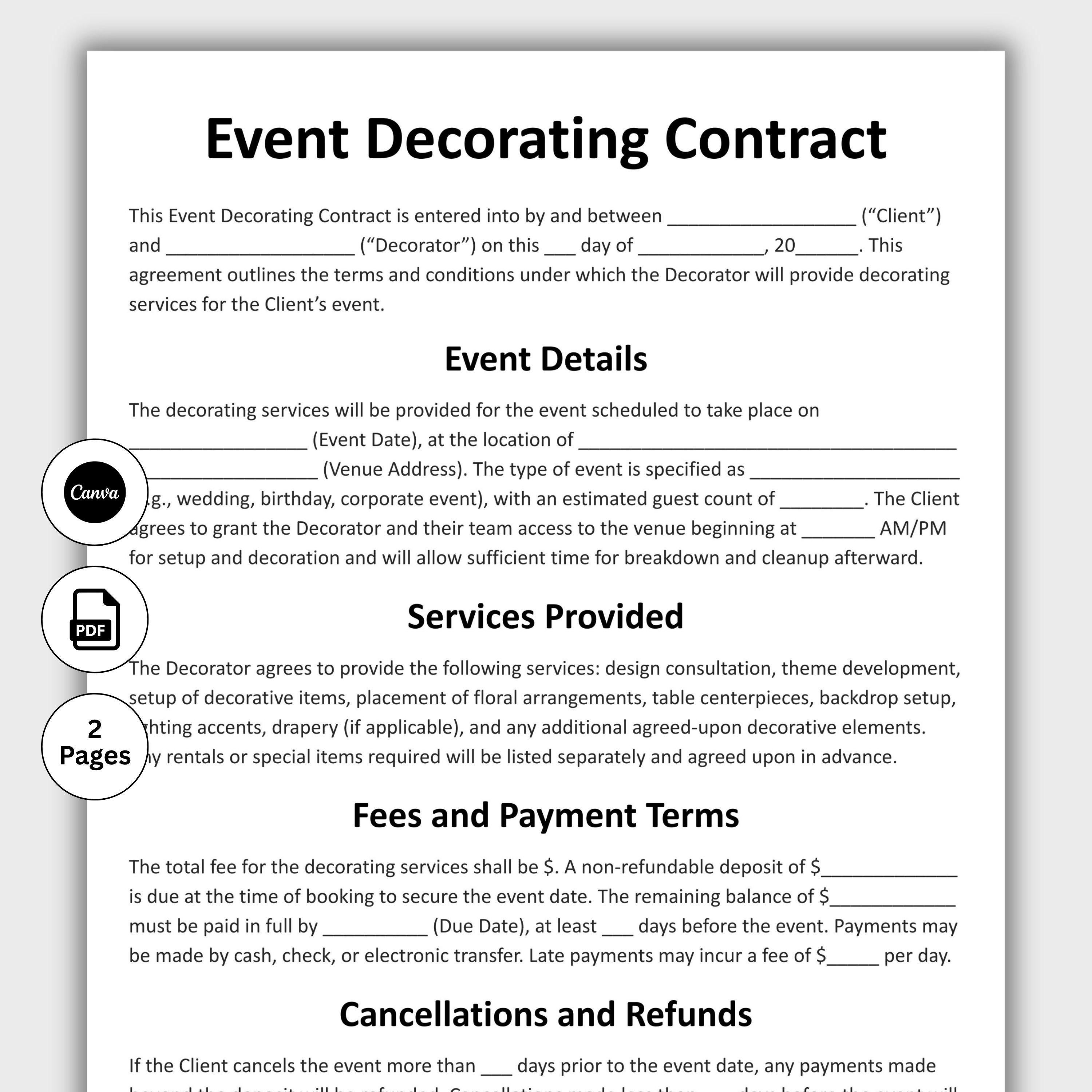 Event Decorating Contract, Customizable Event Planning Service Form ...