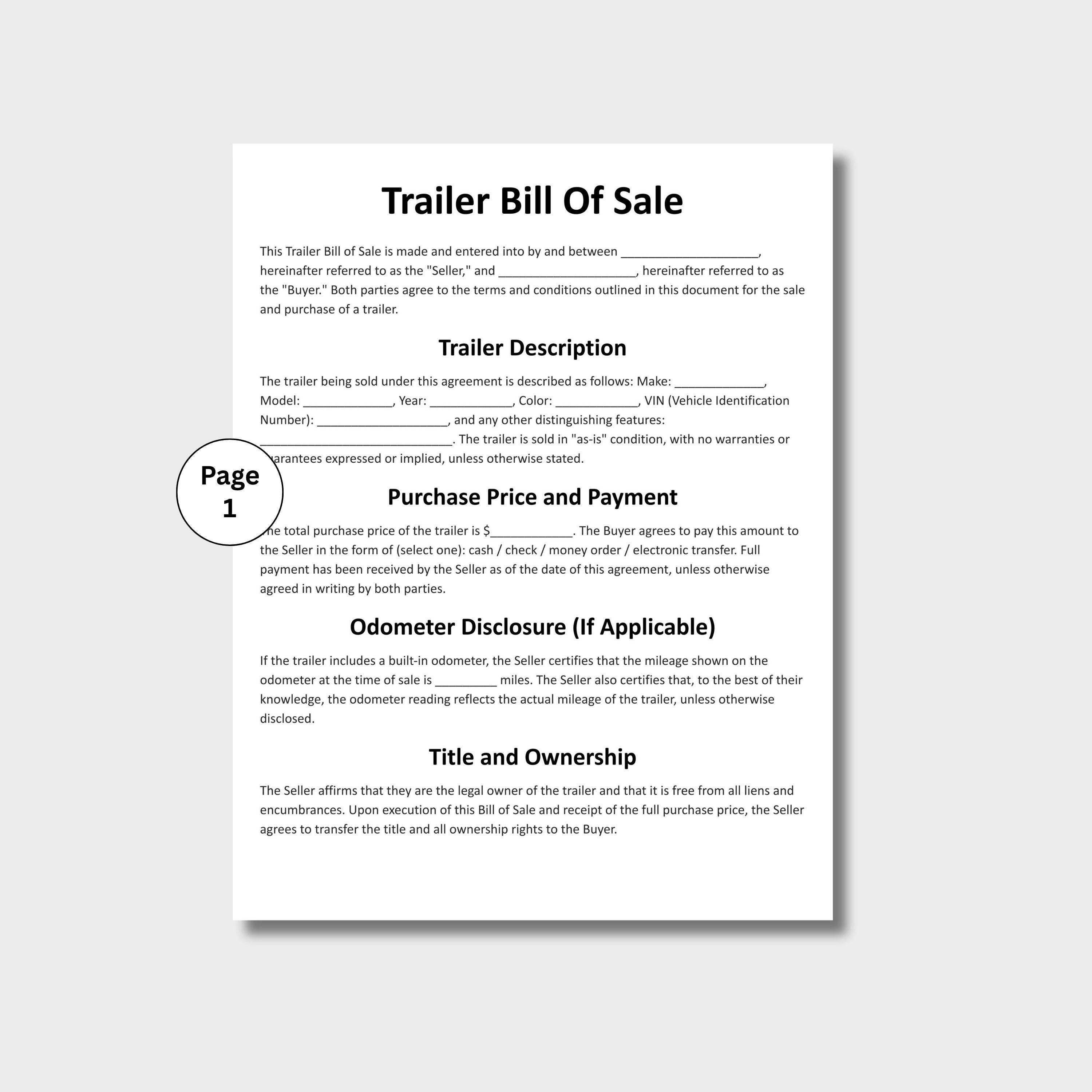 Trailer Bill of Sale, Customizable Trailer Contract Form Template ...
