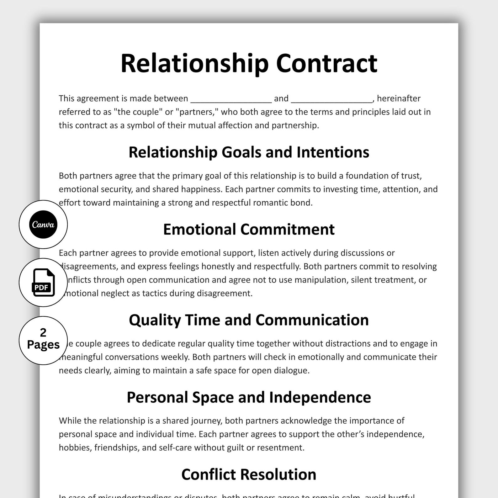 Relationship Contract, Customizable Couples Agreement Form Template ...