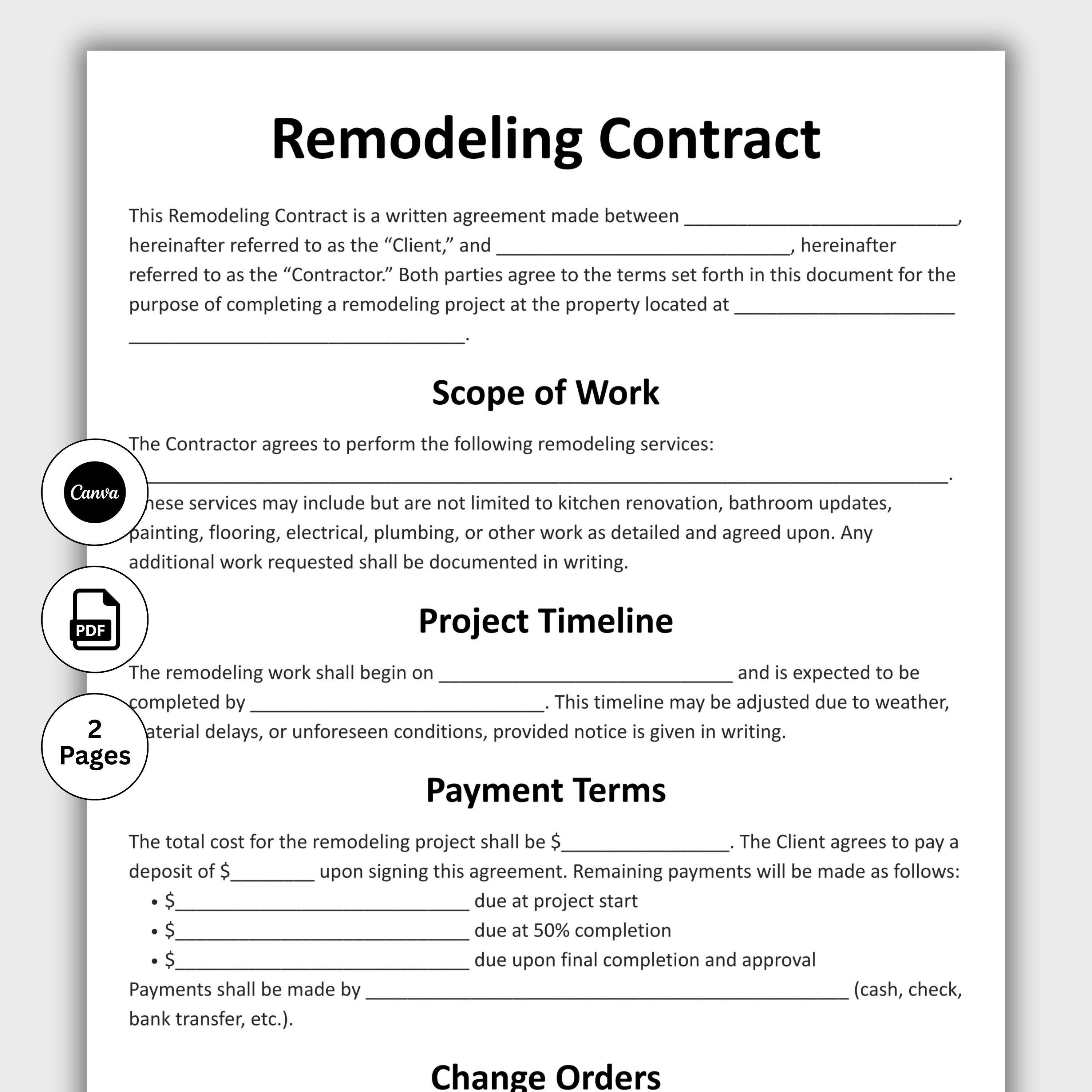 Remodeling Contract, Customizable Home Renovation Contract Form ...