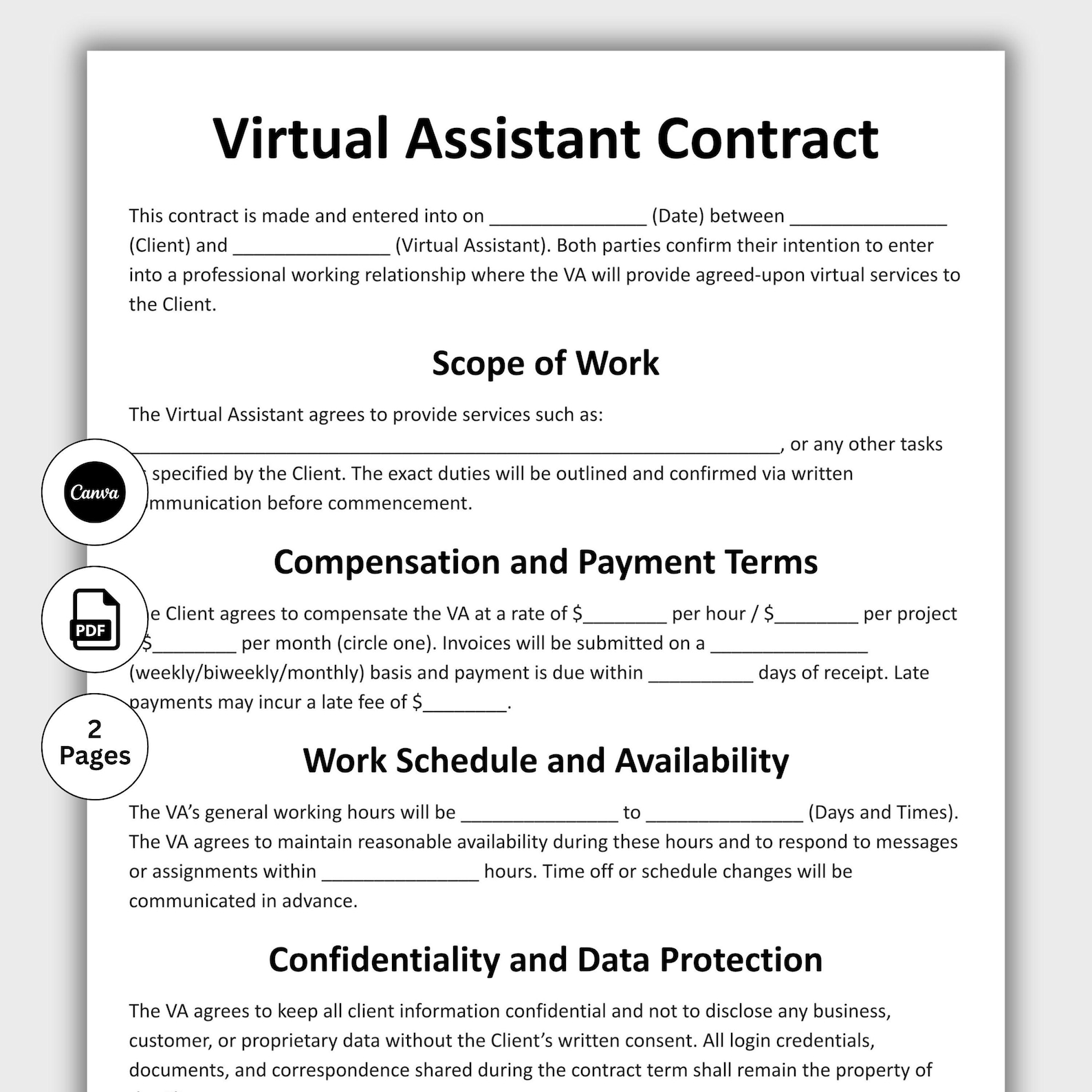 Virtual Assistant Contract, Customizable Freelance Assistant Agreement ...