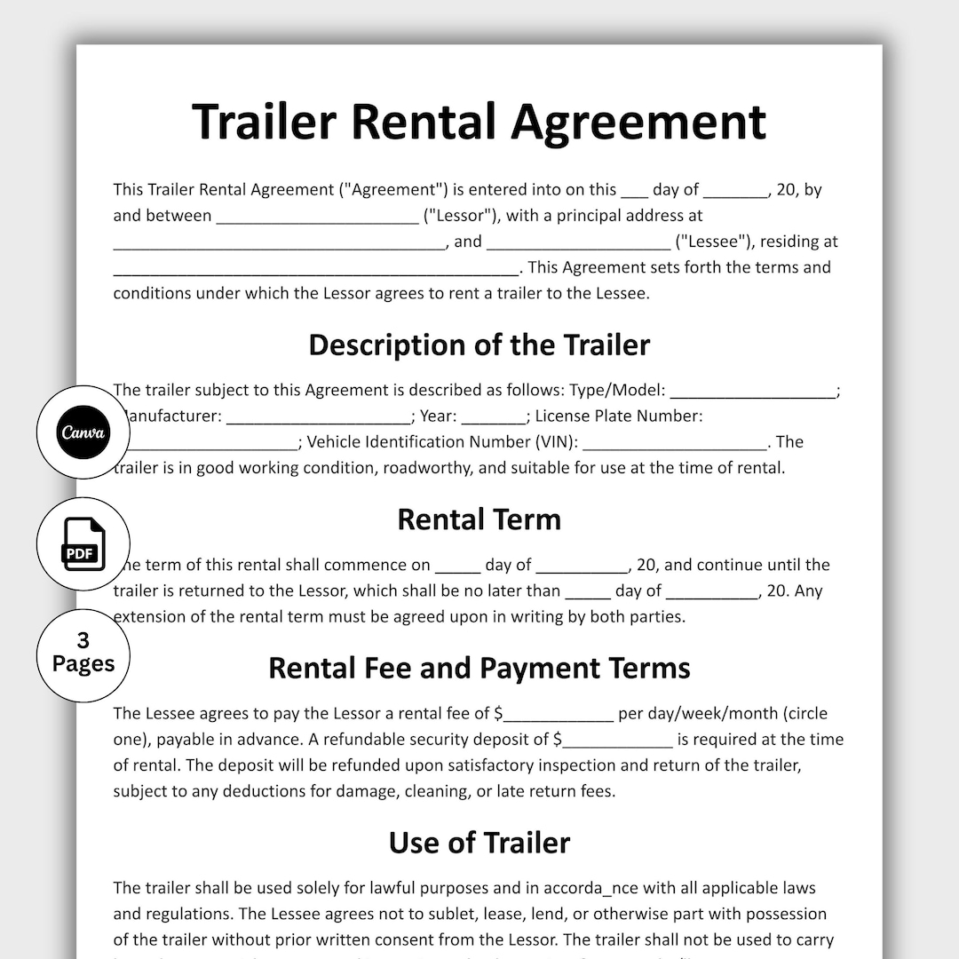 Trailer Rental Agreement, Customizable Trailer Rental Contract Template ...
