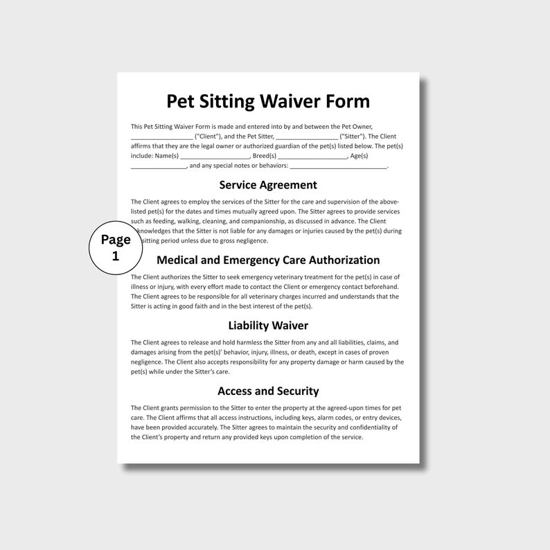 Pet Sitting Waiver Form, Customizable Pet Sitting Release Template ...