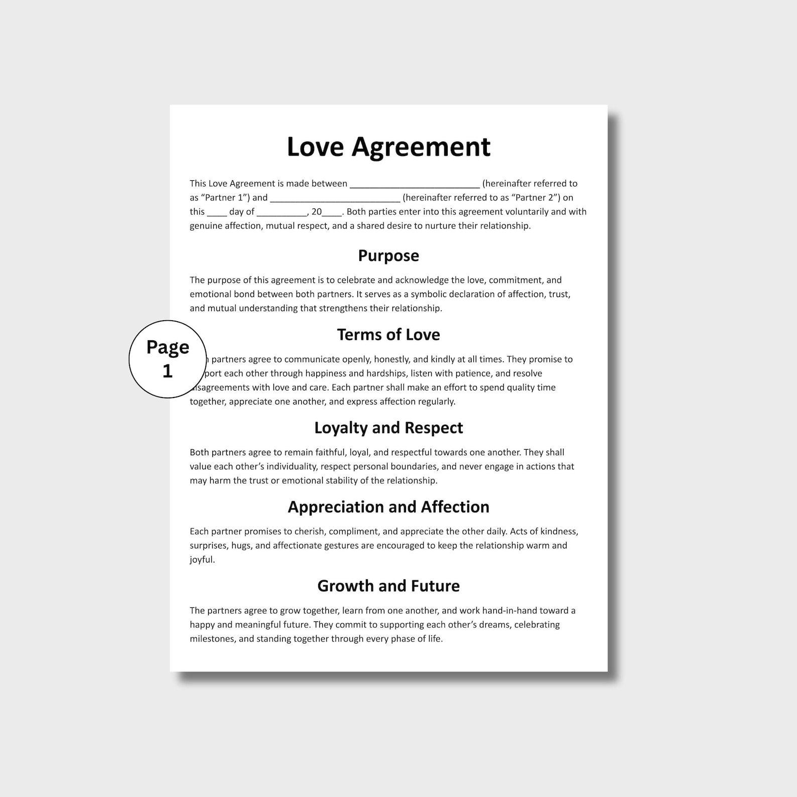 Love Agreement, Customizable Relationship Responsibilities Form ...